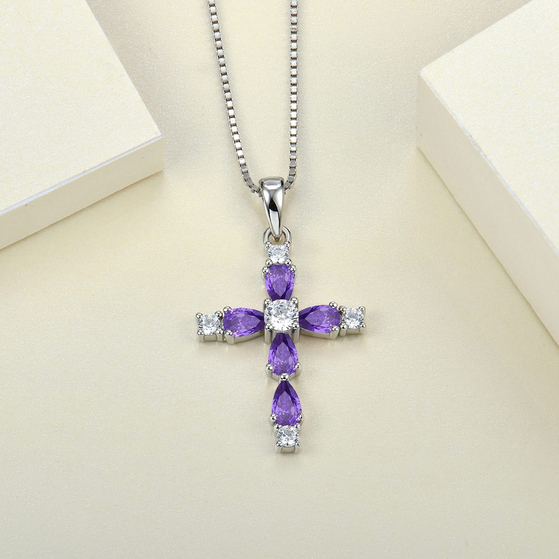 YL Cross Necklace 925 Sterling Silver Created Amethyst Pendant Religious Jewelry 18K White Gold Plated Gemstone Christian Baptism Gift