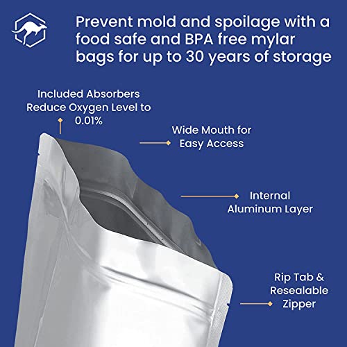 Wallaby 100 Count Mylar Bag Bundle - Multi-Size Pouches, 100x 400cc Oxygen Absorbers, 100x Labels - Heat Sealable, Food Safe & BPA-Free - Long-Term Food Storage for Preppers - Silver (Gusset)