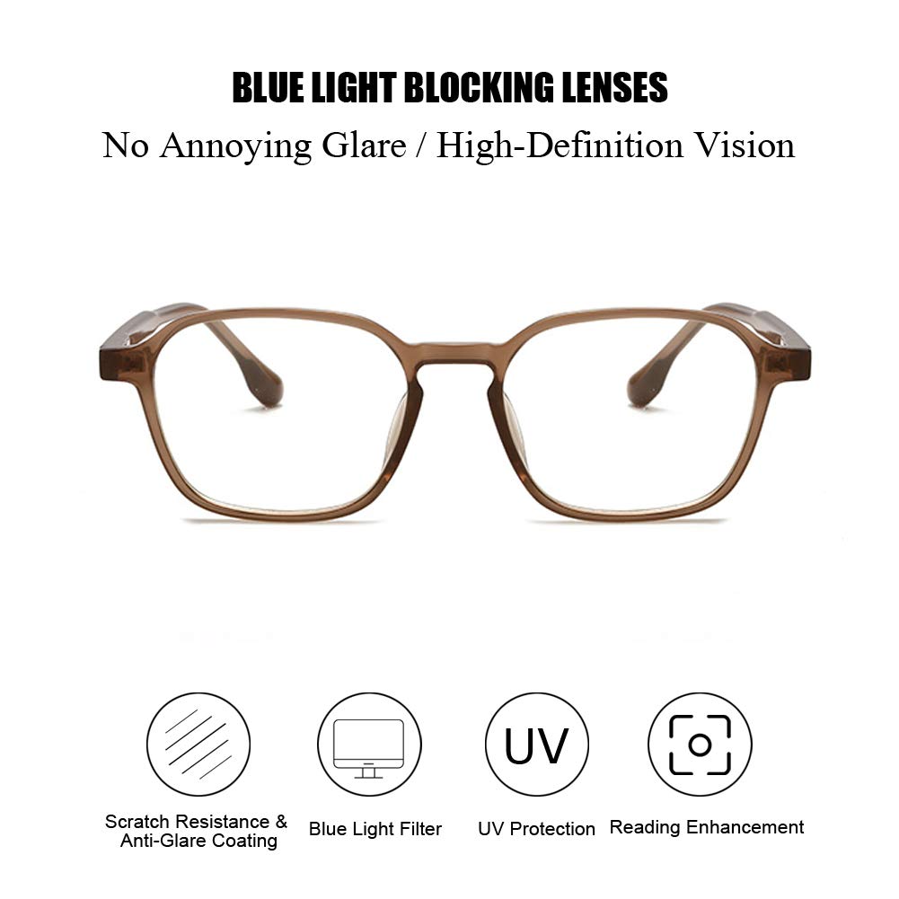 ZHILE Blue Light Blocking Glasses, Rectangular Anti-Blue Eyeglasses, TR90 Unbreakable Fashion Non-Prescription Eyewear Frame (Brown)