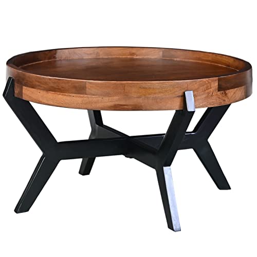 The Urban Port 30-Inch Industrial Round Acacia Wood Tray Coffee Table with Flared Metal Legs