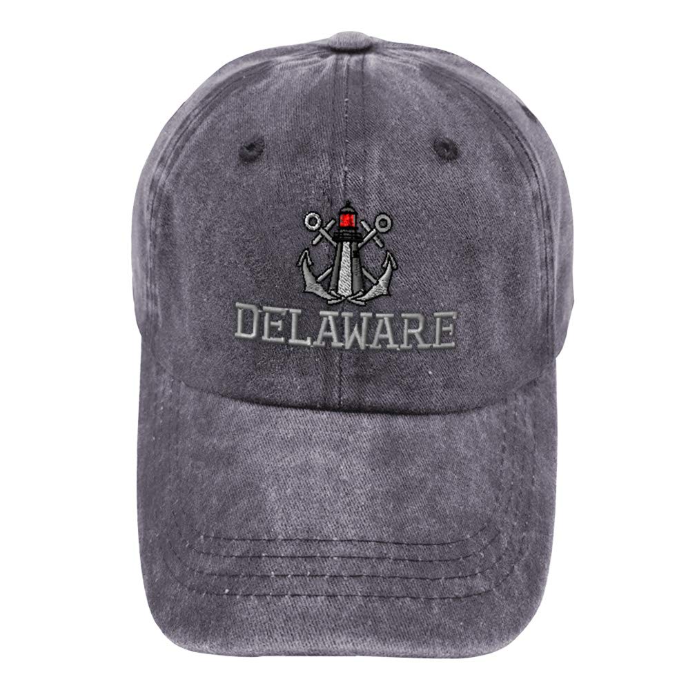 Vintage Washed Hat Anchor & Light House Delaware Embroidery Cotton Dad Hats for Men & Women Buckle Closure Grey