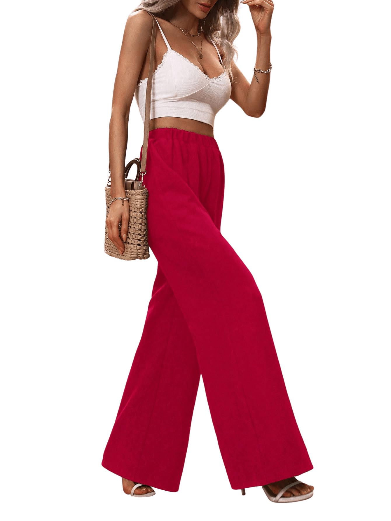 SweatyRocks Women's Elastic High Waist Basic Casual Office Trousers Loose Long Flare Leg Pants Hot Pink M