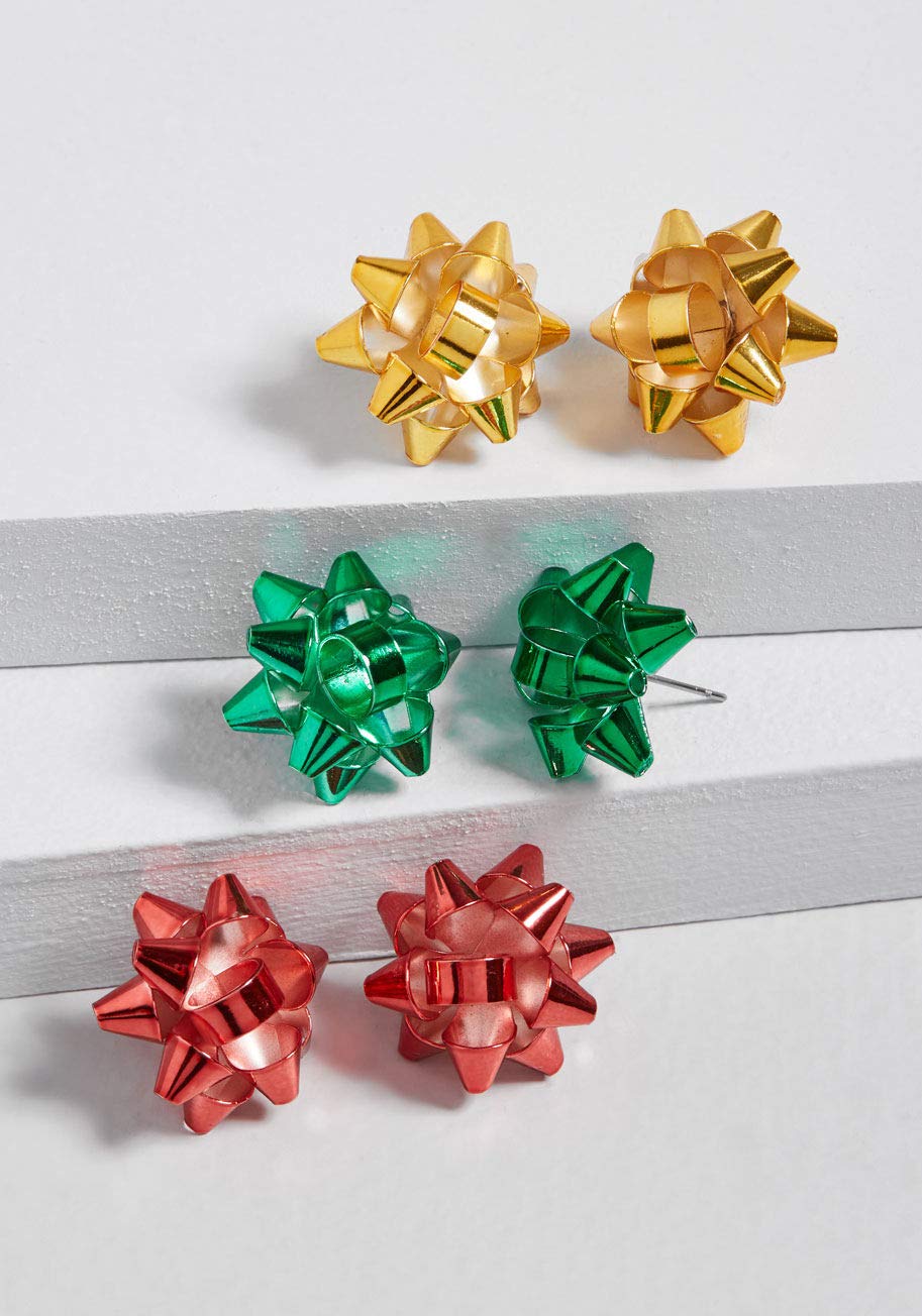 VK Accessories 3 Pair Bow Studs Christmas Girls Earrings 3 Color(Green, Golden, Red)