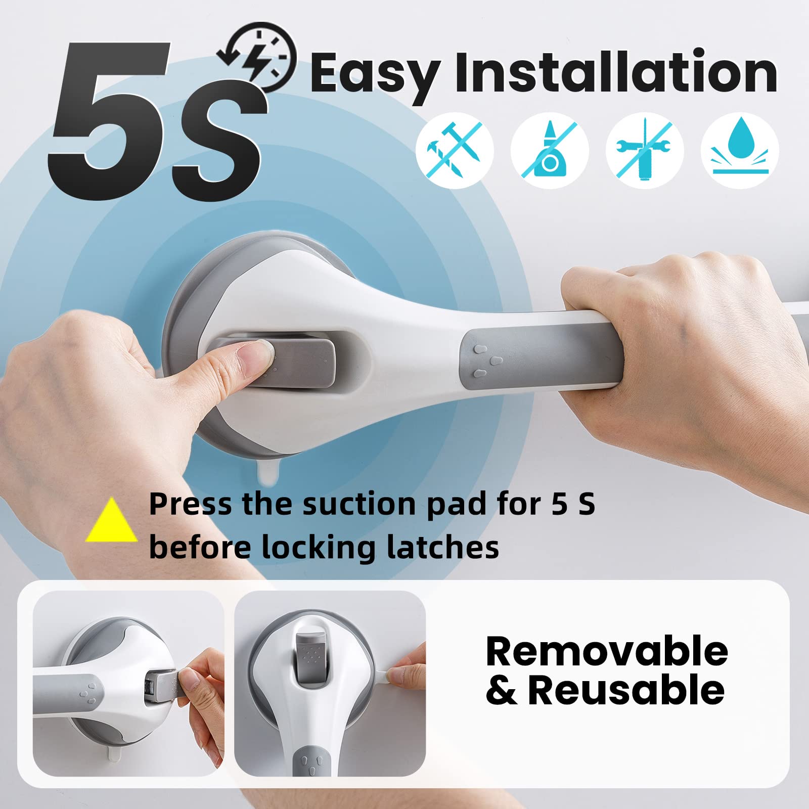 TAILI Shower Grab Bar 16 Inch Suction Cup Grab Bars for Bathroom & Shower, Removable Shower Safety Handle Heavy Duty Bathtub Grip for Seniors & Elderly, Strong Handrails No Drilling Waterproof, Grey