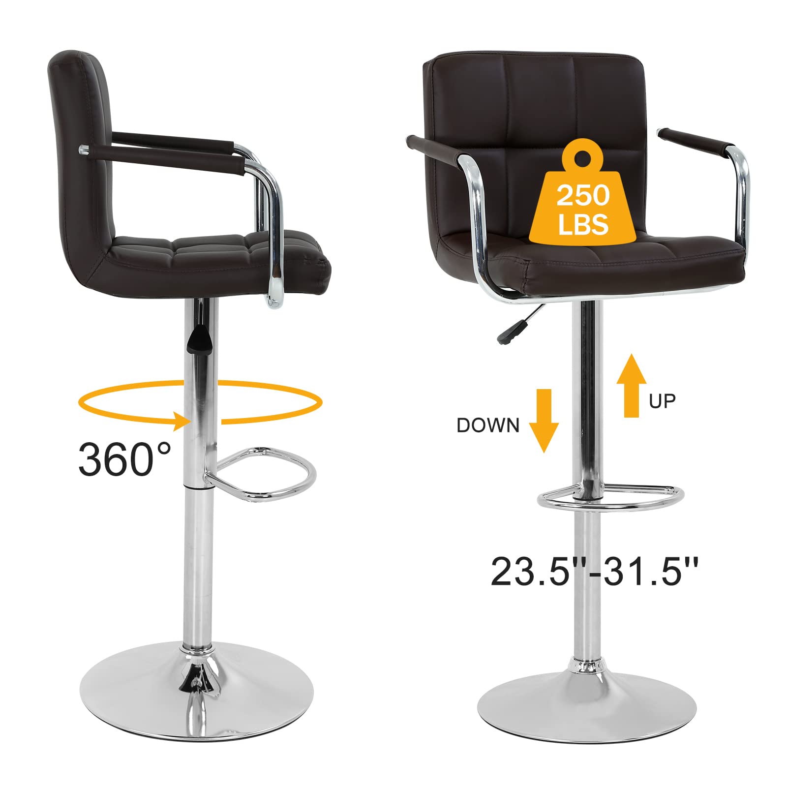 Tyyps Bar Stools Set of 2 Black Bar Chairs Arms, 360 Degree Swivel Counter Height Stools Adjustable Bar Stool Back and PU Leather Bar Chair Modern Island Chairs for Kitchen Dining Room Pub (White)