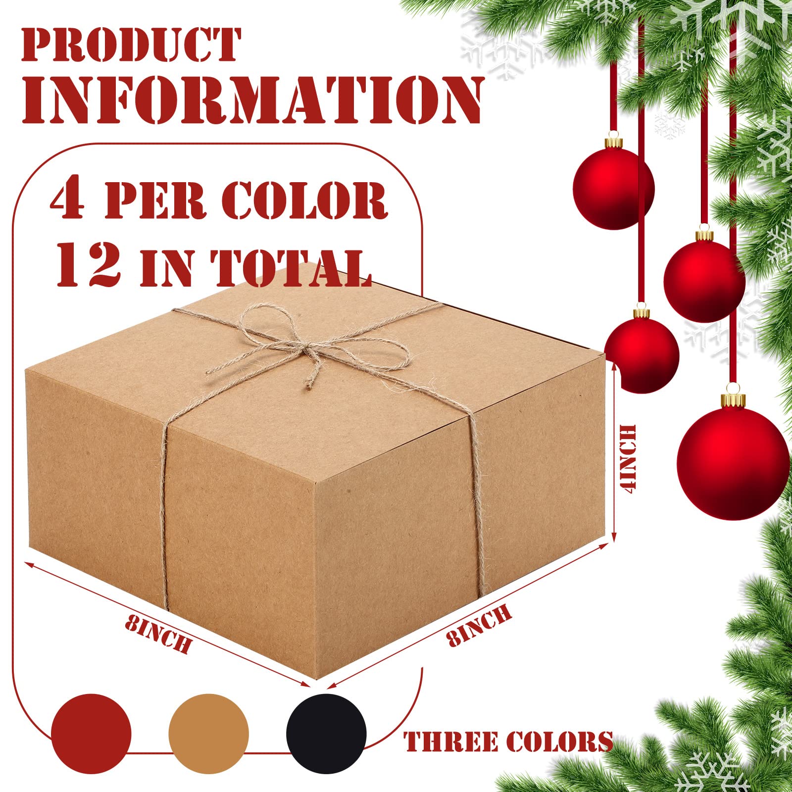 Spiareal 12 Pcs Gift Boxes with Lids Kraft Boxes Christmas Boxes Gift Wrap Boxes with Twine for Xmas Wedding(Black, Gold, Silver, 8 x 8 x 4 Inch)