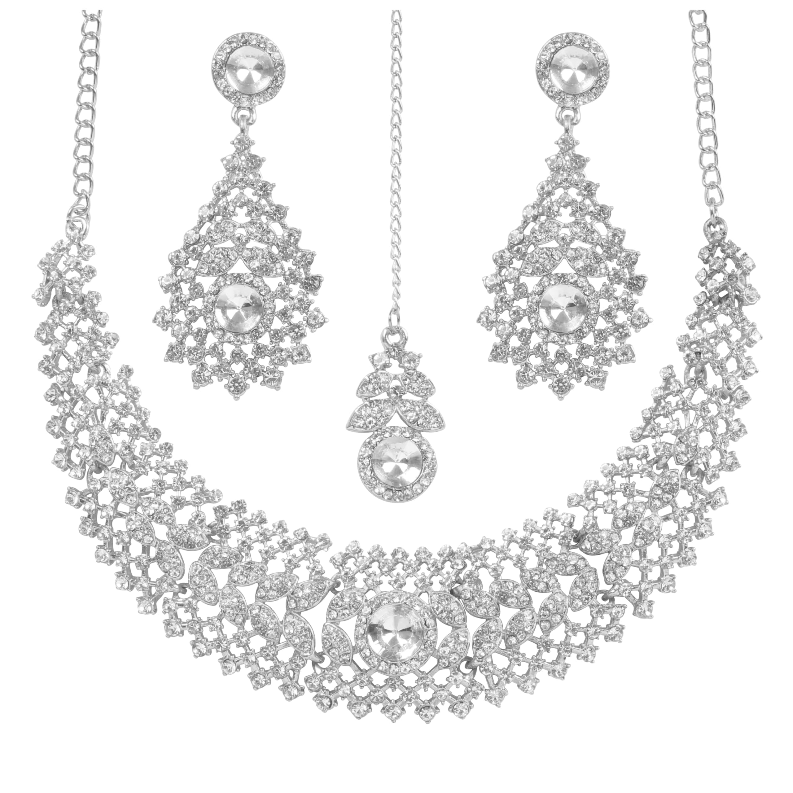 Touchstone Indian jewelry set for women rhinestone bridal necklace statement wedding brides earring formal big designer collar style trendy desi rhinestones maang tikka fashion in silver tone.