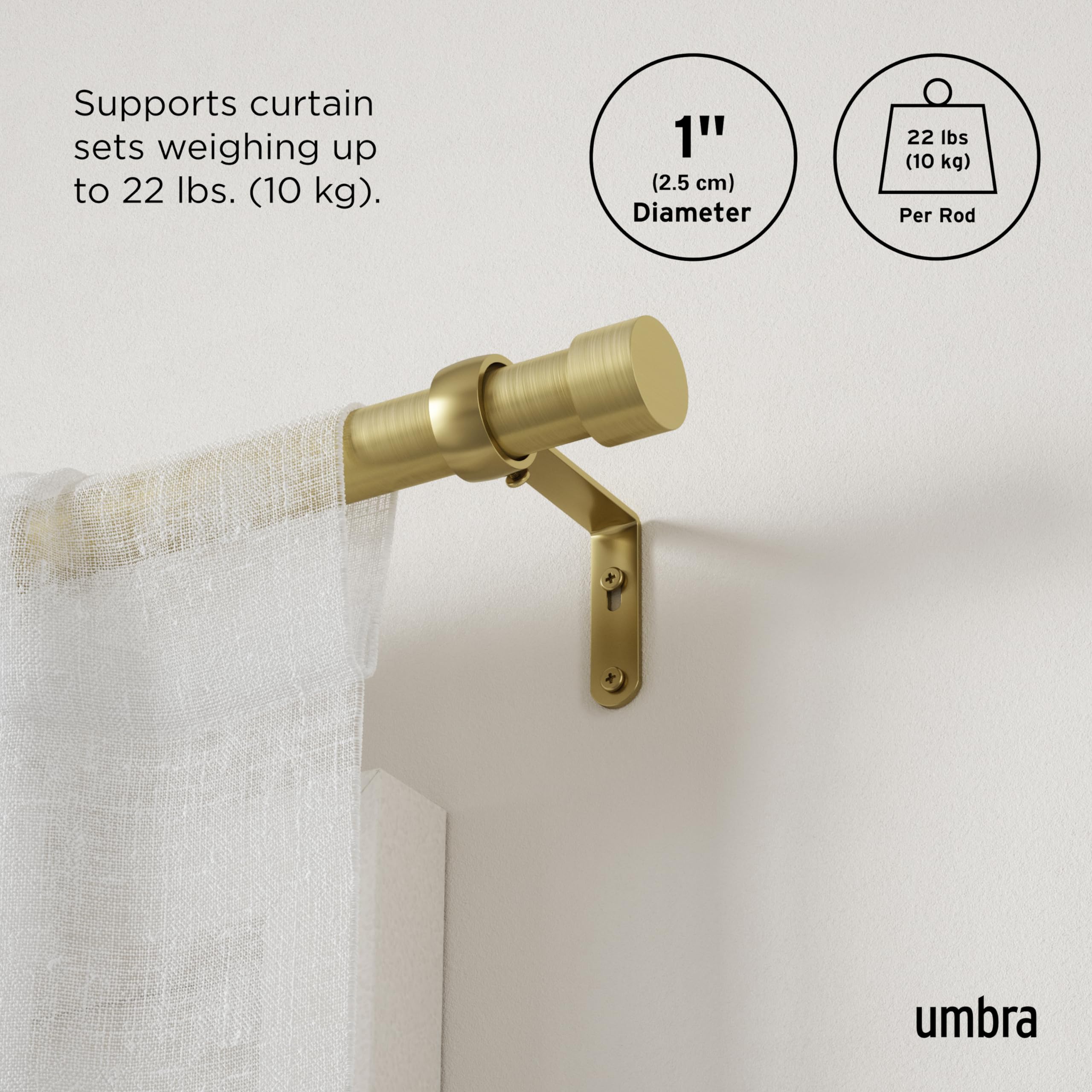 Umbra Cappa Curtain Rod, Includes 2 Matching Finials, Brackets & Hardware, 66 to 120-Inches, Gold
