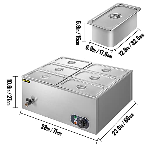 VEVOR 110V 6-Pan Commercial Food Warmer, 1200W Electric Steam Table 15cm/6inch Deep, Stainless Steel Buffet Bain Marie 32 Quart for Restaurants