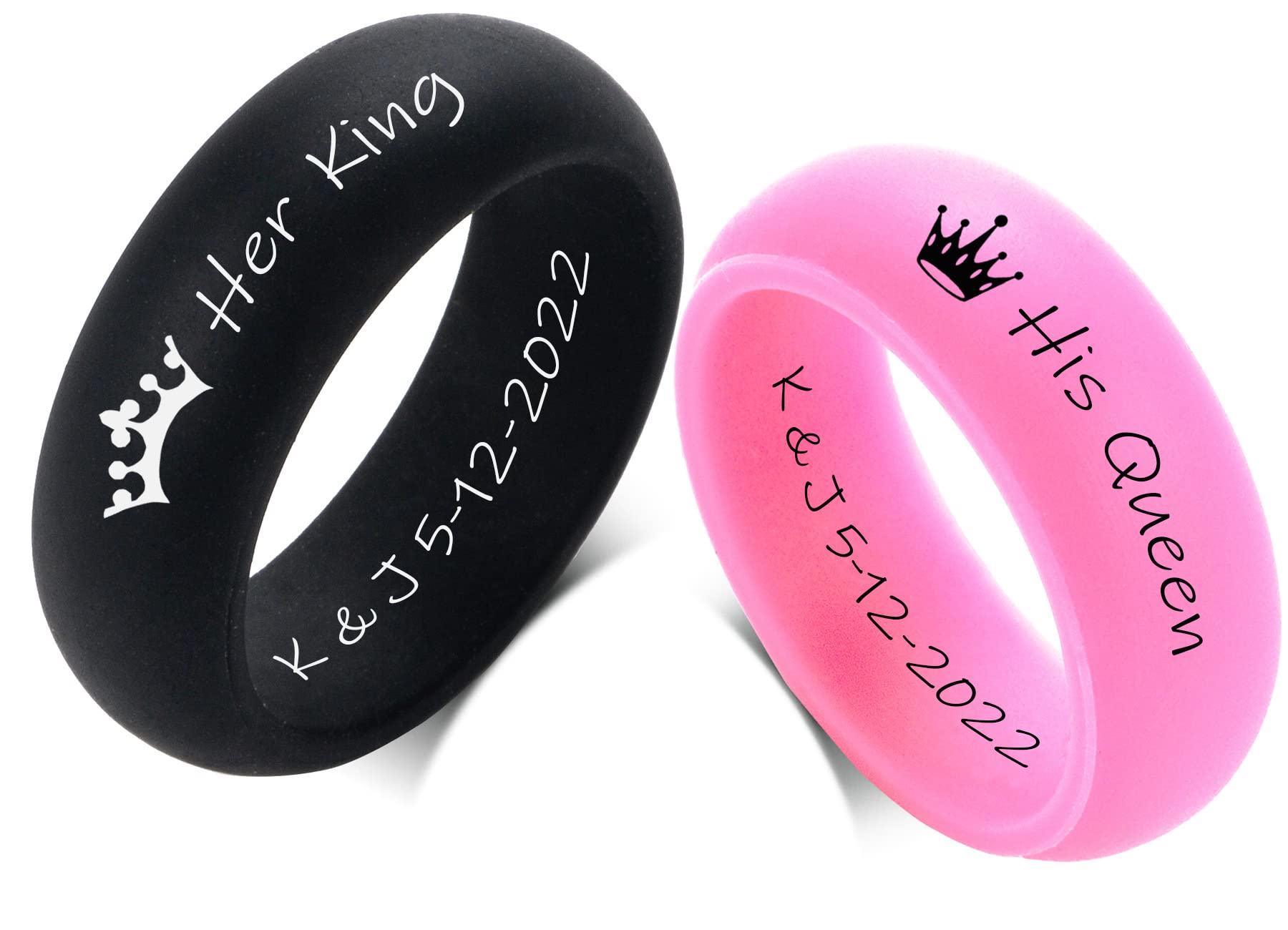 YUNGELX Custom Inside Her King & His Queen Silicone Couple Matching Ring Set for Him Her 8MM Black & Pink Breathable Silicone Rubber Dome Rings Comfort Fit Wedding Band for Girlfriend Boyfriend