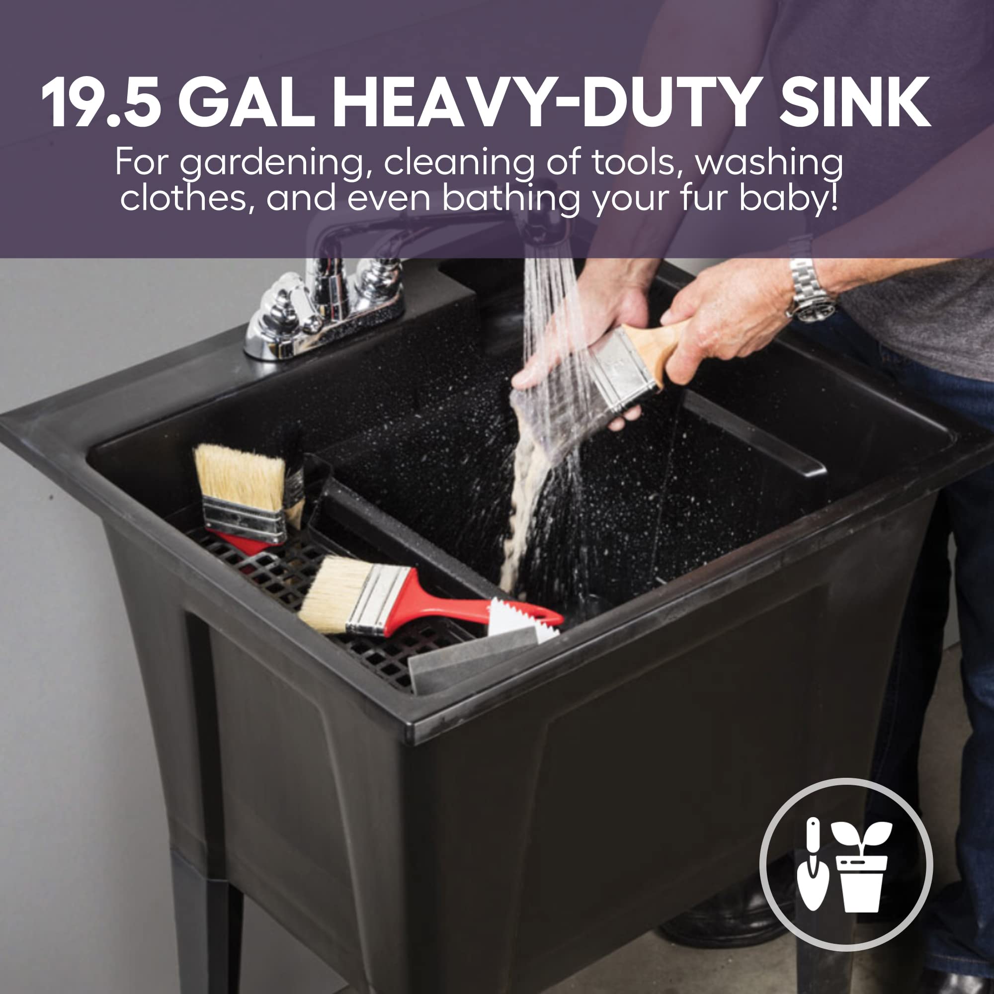 Utility Sink with One-Handle Black Plastic Faucet – Polypropylene Laundry Sink, White Garage Sink, Indoor and Outdoor Use – Complete Sink Set by Noah William Home (24” X 22” X 34” 19.5 Gallons)