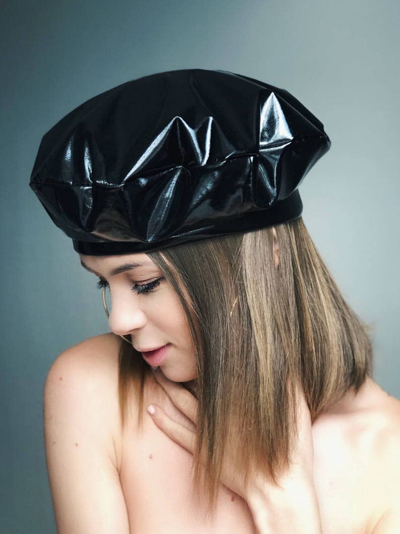 UTALY Patent Leather French-Beret Hat PU Dancing Cap Captain Women (Size S-M) Black
