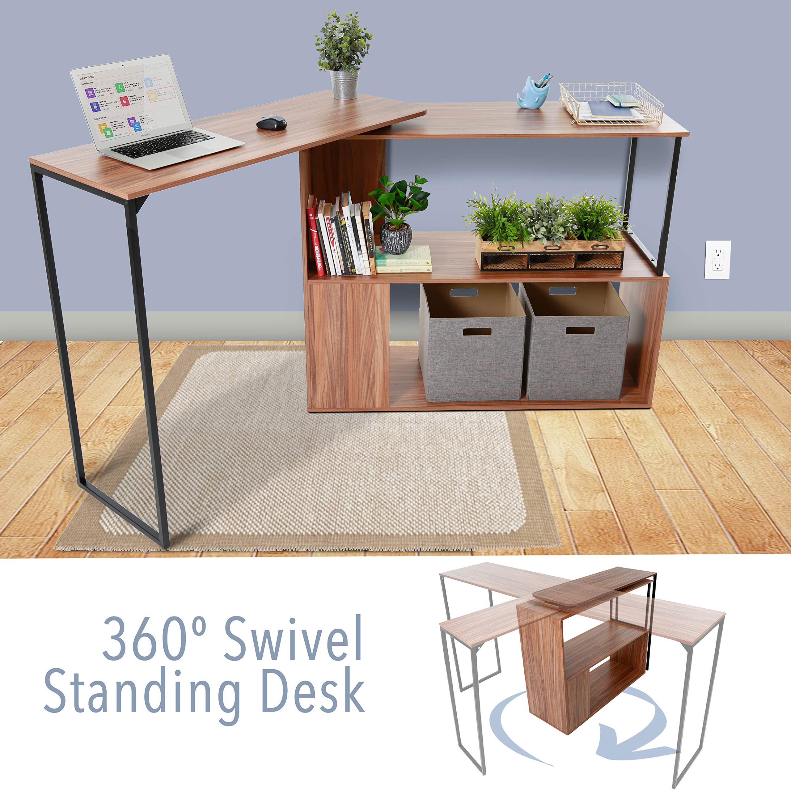 Stand Steady Joy Rotating Standing Desk L-Shaped Stand Up Desk for Home Office | Corner Computer Workstation with Storage Shelves | Space-Saving Swivel Desktop for Corners