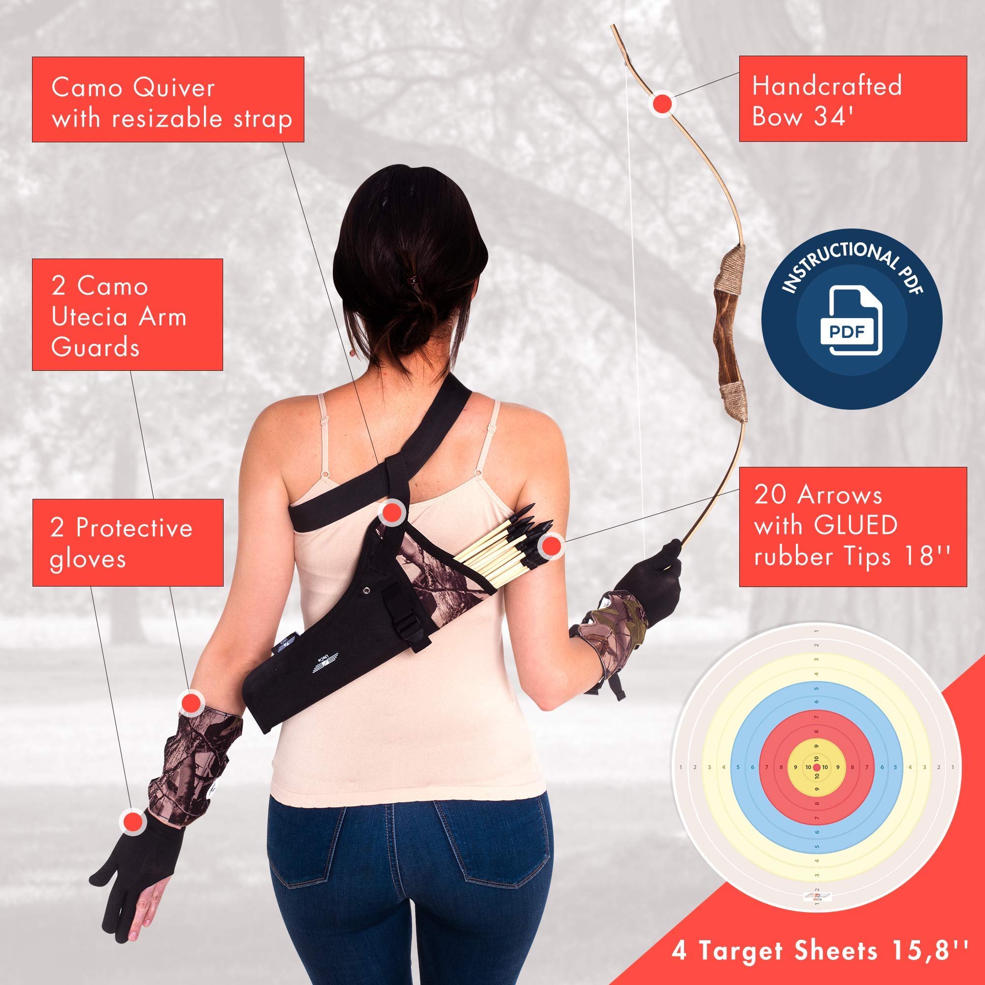 UTeCiA 30 Pcs Complete Archery Set for Kids & Beginners - Safety Rubber Tip Arrow Pack, Handcrafted Wooden Bow, Fabric Quiver, Arm Guard, Finger Glove, Target Sheets - Outdoor and Indoor Shooting Toy
