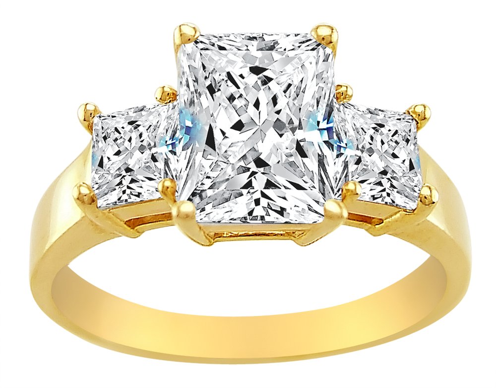 Size 4.5 - Solid 14k Yellow Gold 3 Three Stone Emerald-Cut/Shape Solitaire with Princess Cut Side Stones CZ Cubic Zirconia Engagement Ring 2.5ct.
