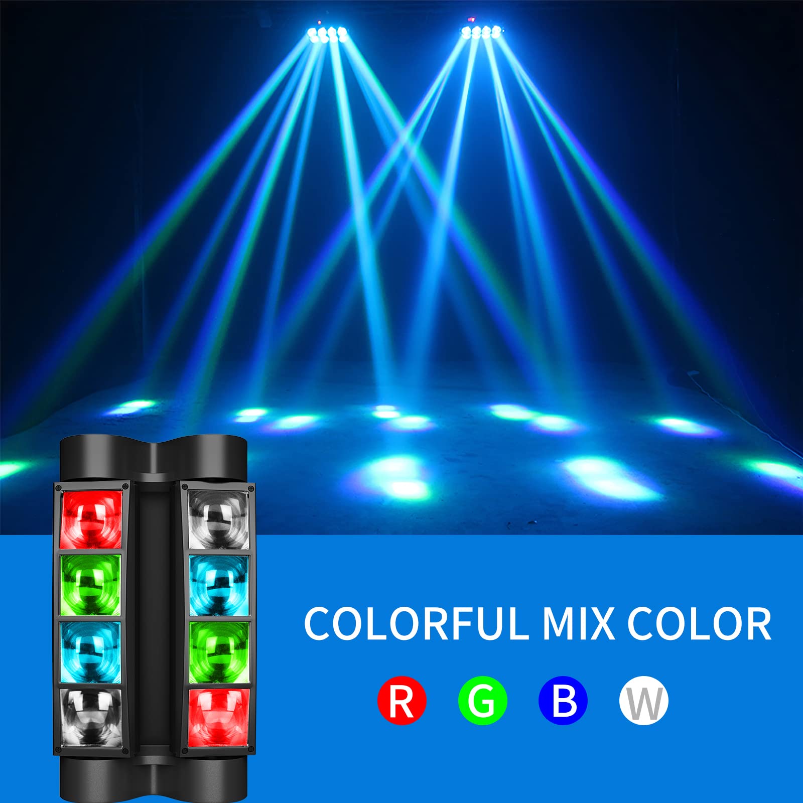 Yunhion LED Stage Lighting, 8x3W RGBW Moving Head Lights, 2 Pack, Sound Activated/DMX-512, Ideal for Parties, Bars, Events, Live Shows