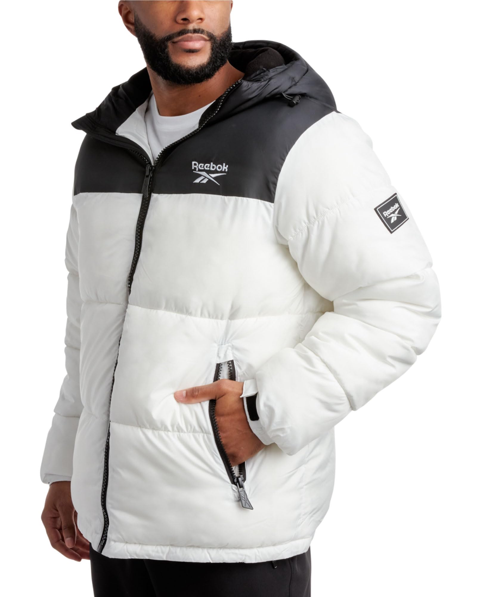 Reebok Men's Winter Jacket - Heavyweight Quilted Puffer Parka Coat - Weather Resistant Ski Jacket for Men (8-20), Size Medium, Black/White
