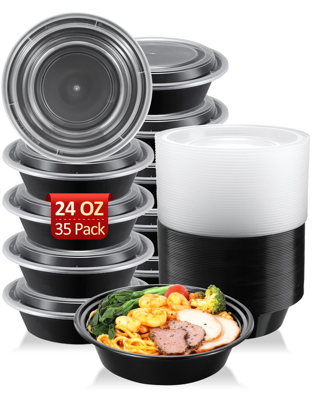 SHOPDAY Meal-Prep-Containers-[35 Pack] 24 oz Plastic-Food-Storage-Containers-with-Lids, Disposable-Food-Prep-Containers-Microwave-Safe, Meal-Prep-Bowls-Reusable, BPA Free To-Go-Contianers-for-Lunch