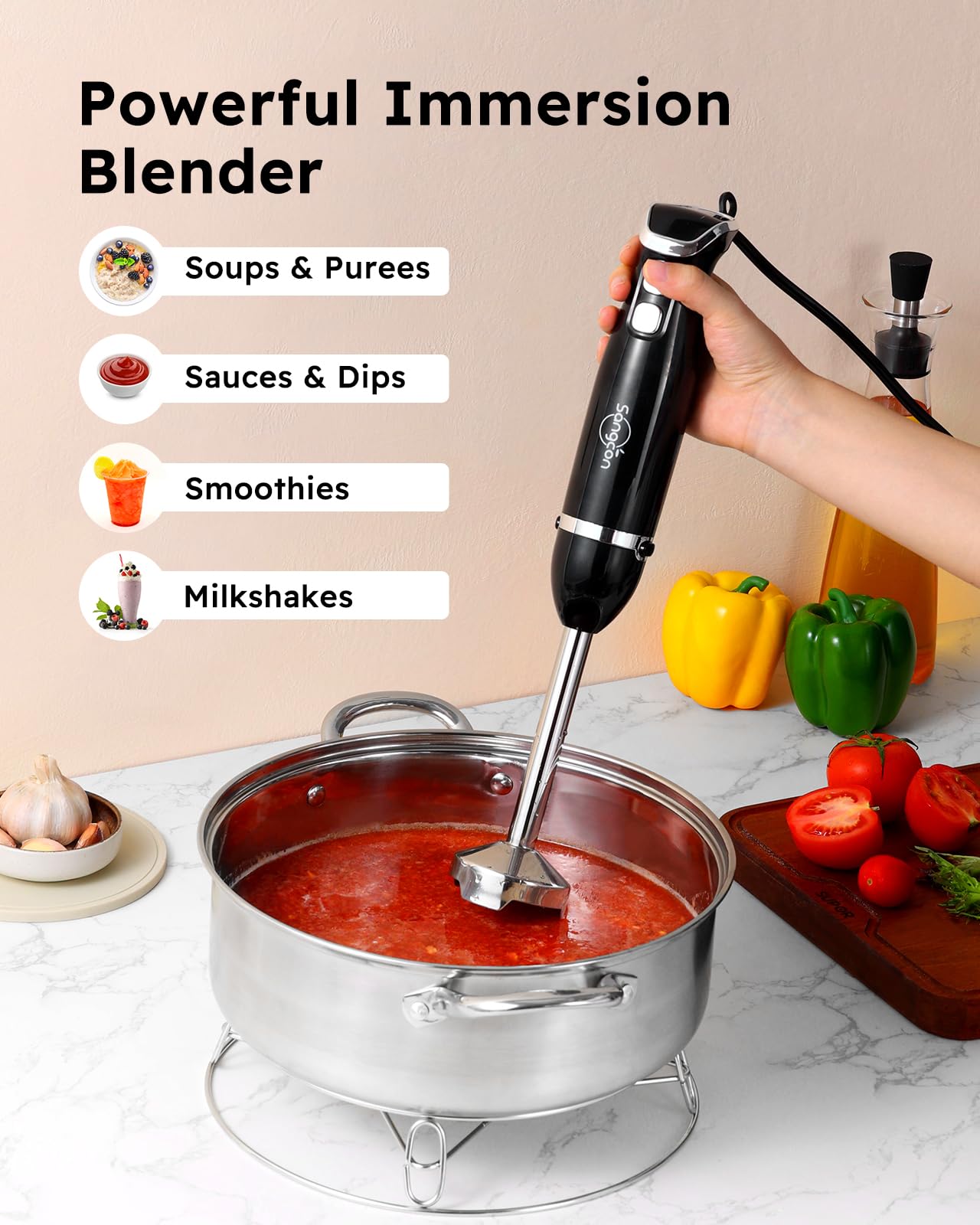 Sangcon Immersion Blender Handheld, 3-in-1 Hand Blender Electric, 400W Handheld Blender, Stainless Steel Blade Stick Blender with Whisk, Milk Frother Attachments - Black