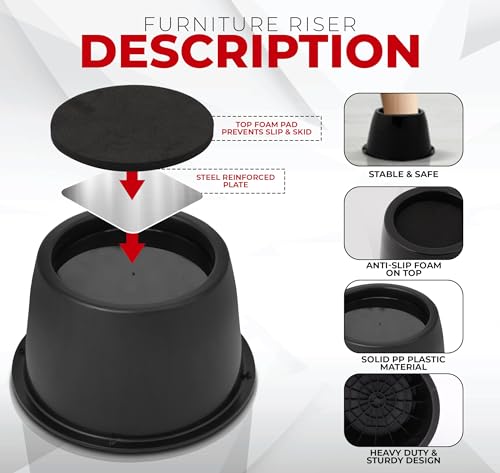 Utopia Bedding Bed Risers 3 Inch - 8 Pack - Round Furniture Risers with Top Anti-Slip Foam with Metal Plate & Bottom Rubber Pads - Bed Risers Heavy Duty for Sofa, Couch & Chair Lifts (Black)