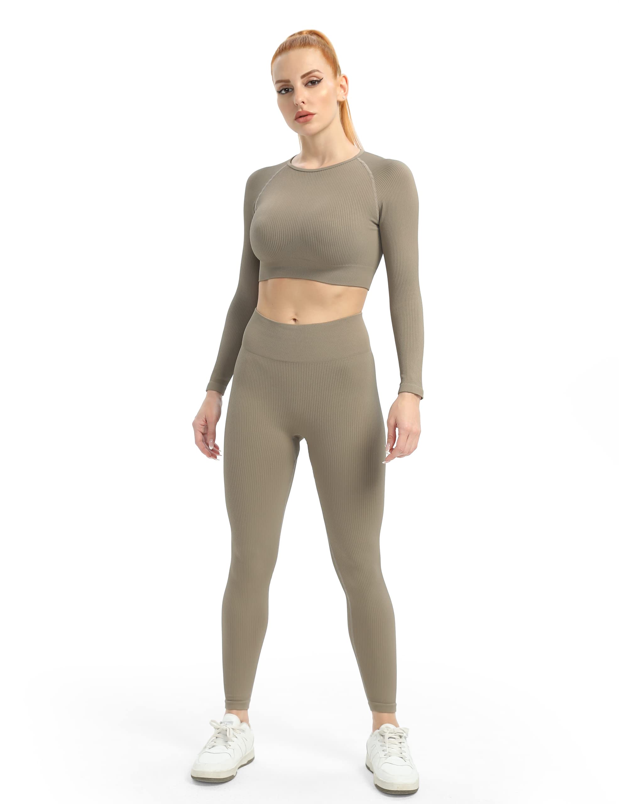 VALANDY Women's Long Sleeve Crop Tops Seamless Workout Shirts Fitted Crewneck Ribbed Running Tees Light Grey