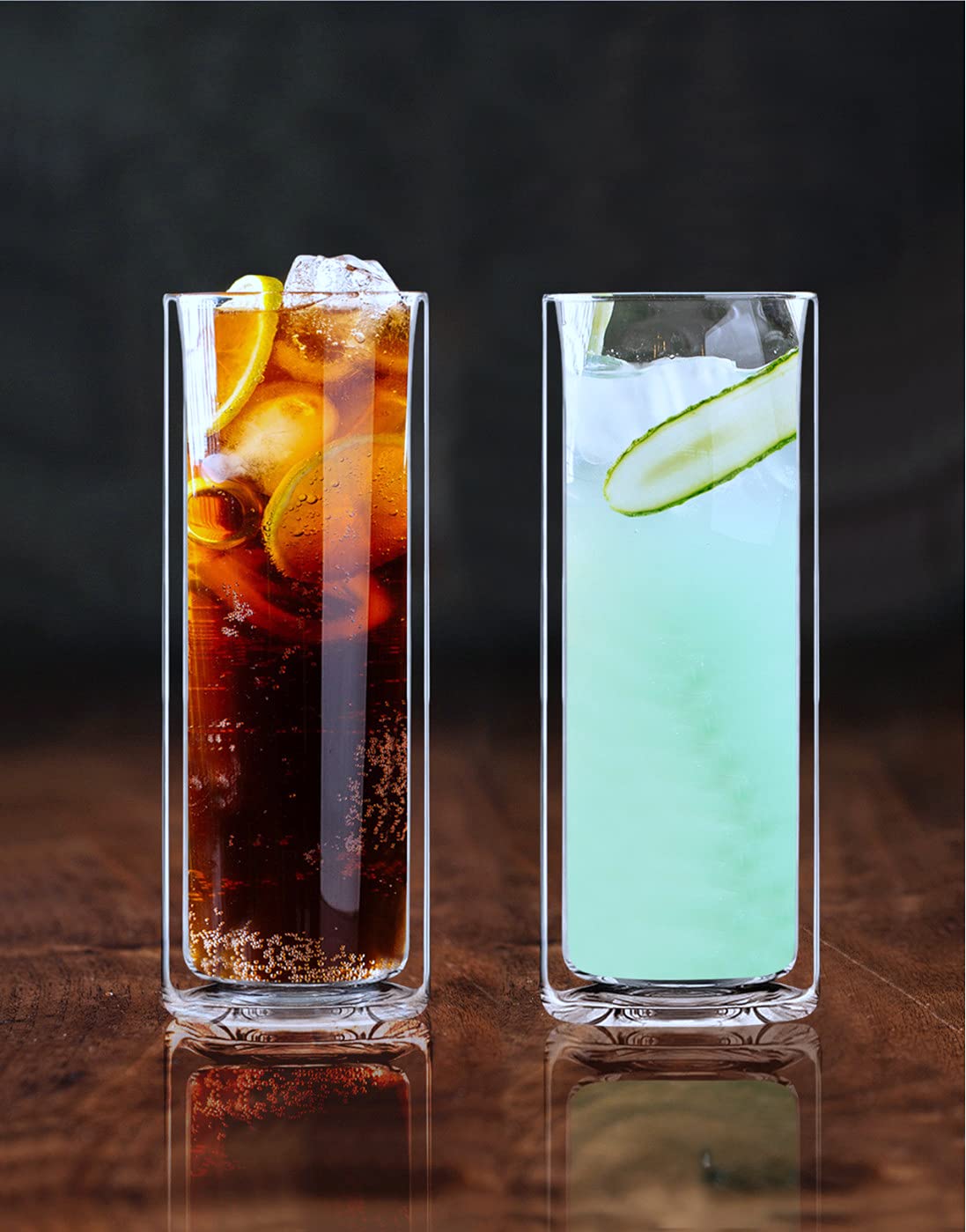 Sun's Tea Tropical Delight - Strong Double Wall Insulated Highball Tall Tom Collins Drinking Glasses for Bourbon or Whiskey or Rum Cocktail, Martini, Champagne, Beer, Mojito, Jiuce - Set of 2 (14 oz)