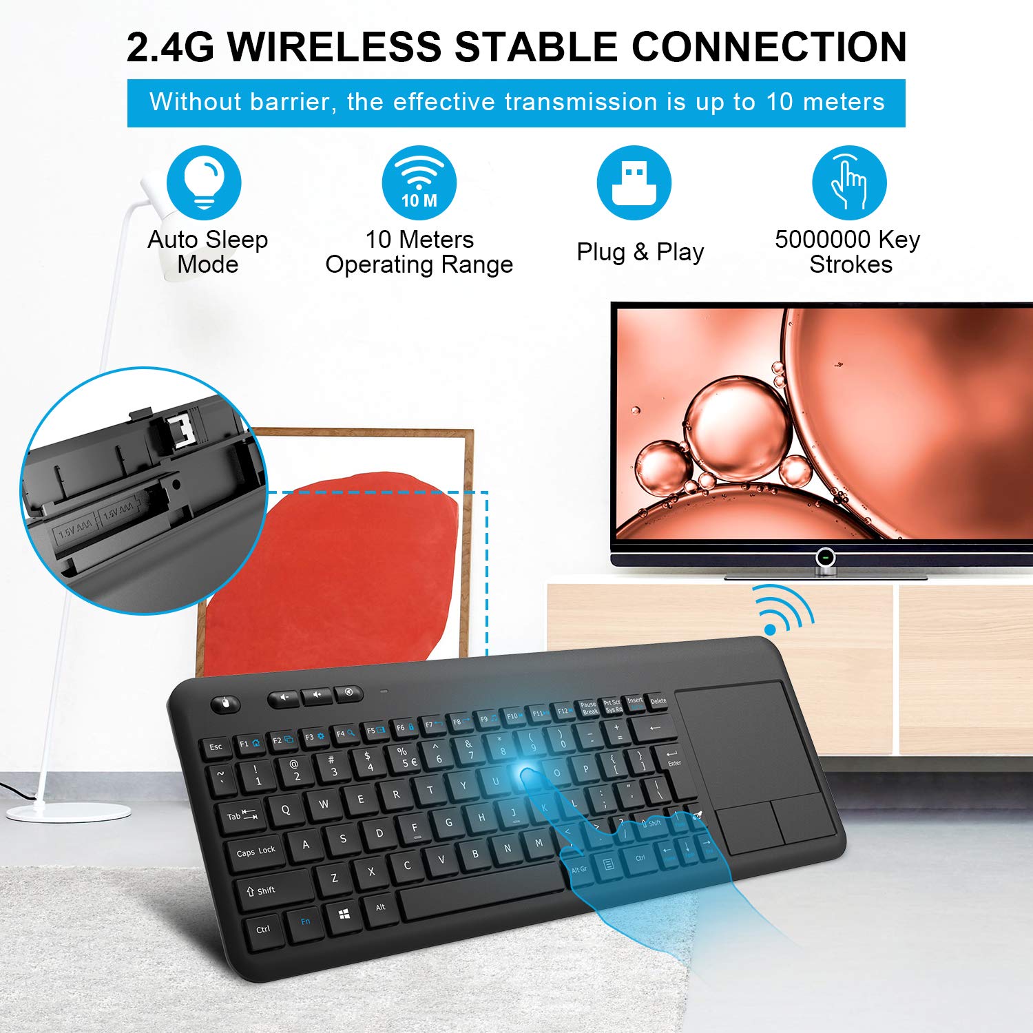 Wireless Keyboard with Touchpad, WisFox 2.4G Slim Ergonomic Wireless Keyboard with Easy Media Control and Built-in Touch Pad for PC Laptop Windows Google Smart TV HTPC Android