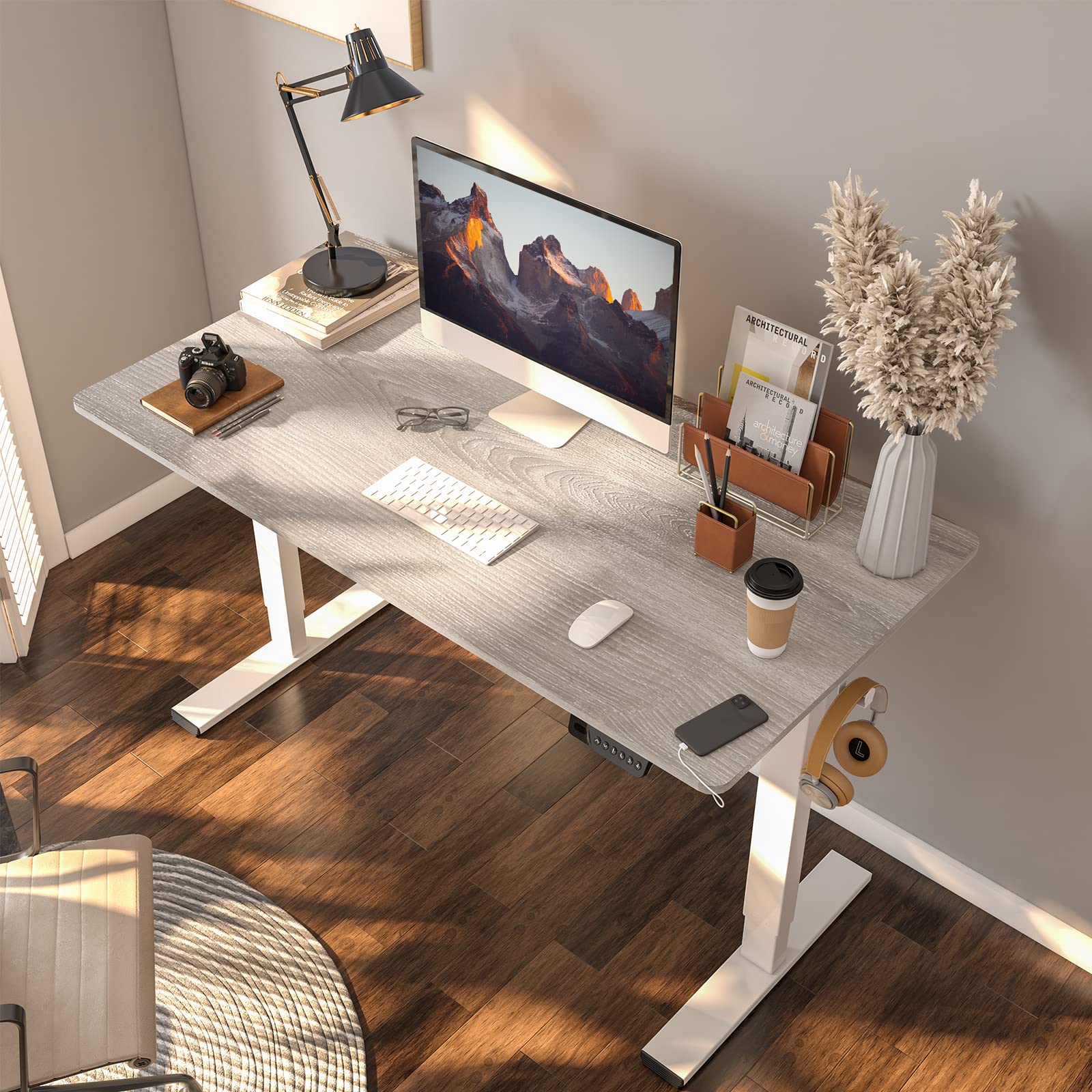 SANODESK Standing Desk Adjustable Height, 48x24 Inch Electric Standing Desk with Headphone Hook, Stand up Desk for Home Office Computer Desk,Handset with 4 Memory Presets and Charging Ports