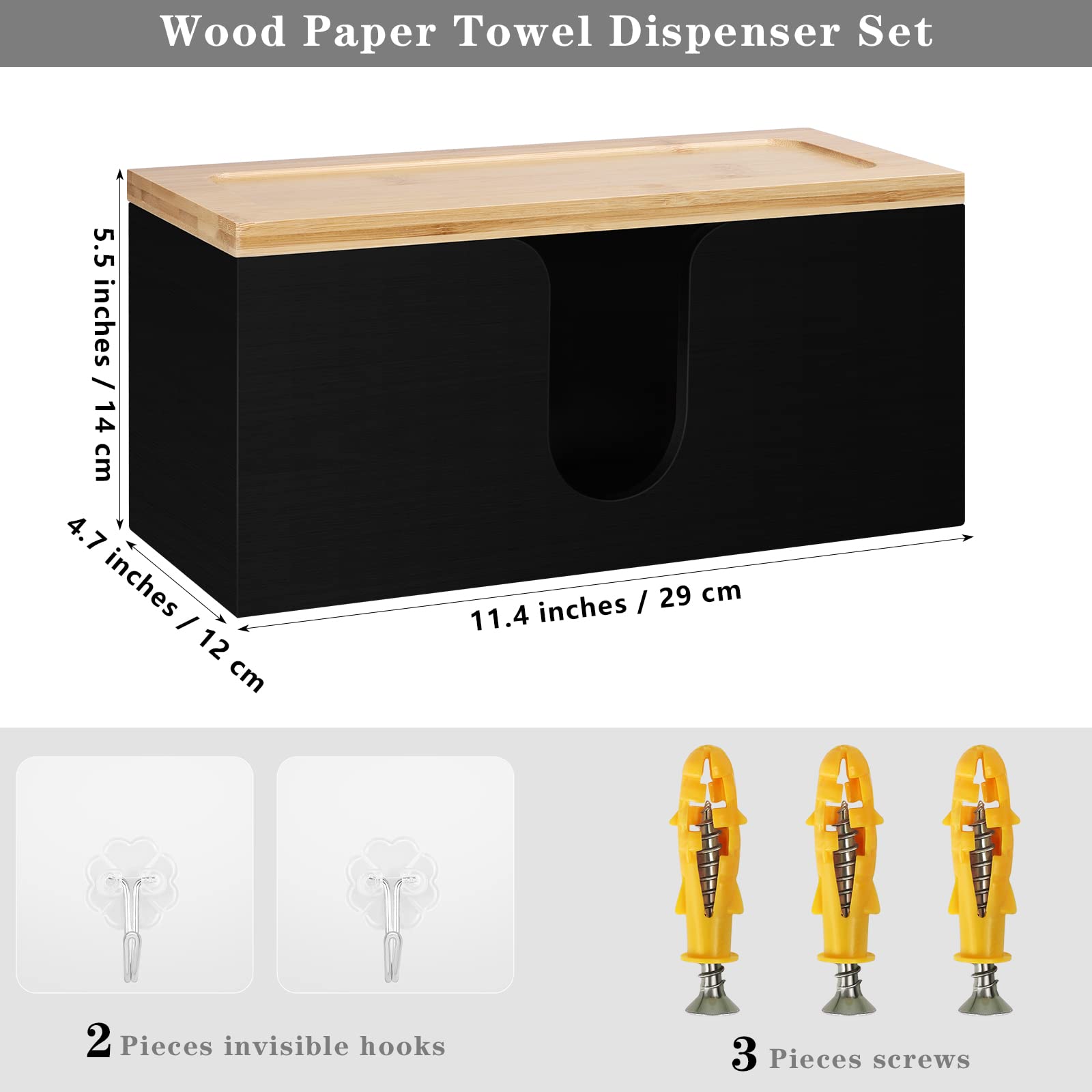 TURSTIN Wood Paper Towel Dispenser Folded Paper Towel Holder with Lid for Countertop and Wall Mounted, Wall Mount Paper Towel Holder Napkin Holder for Home. Bathroom, Kitchen, Black