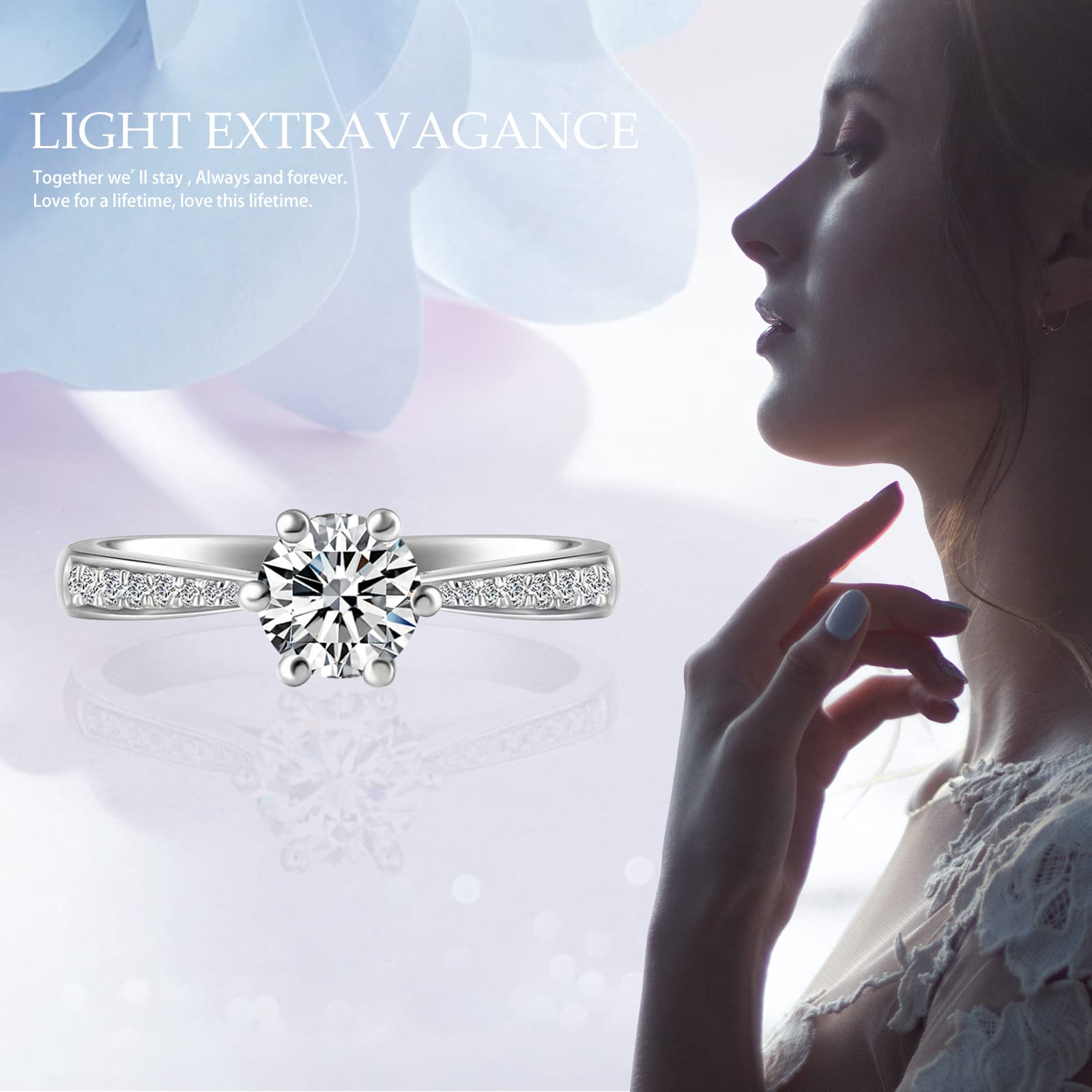 YUPHUNY 1 Carat Round Cubic Zirconia Silver Classic Engagement Ring Ladies Proposal CZ Wedding Ring Size 6-9