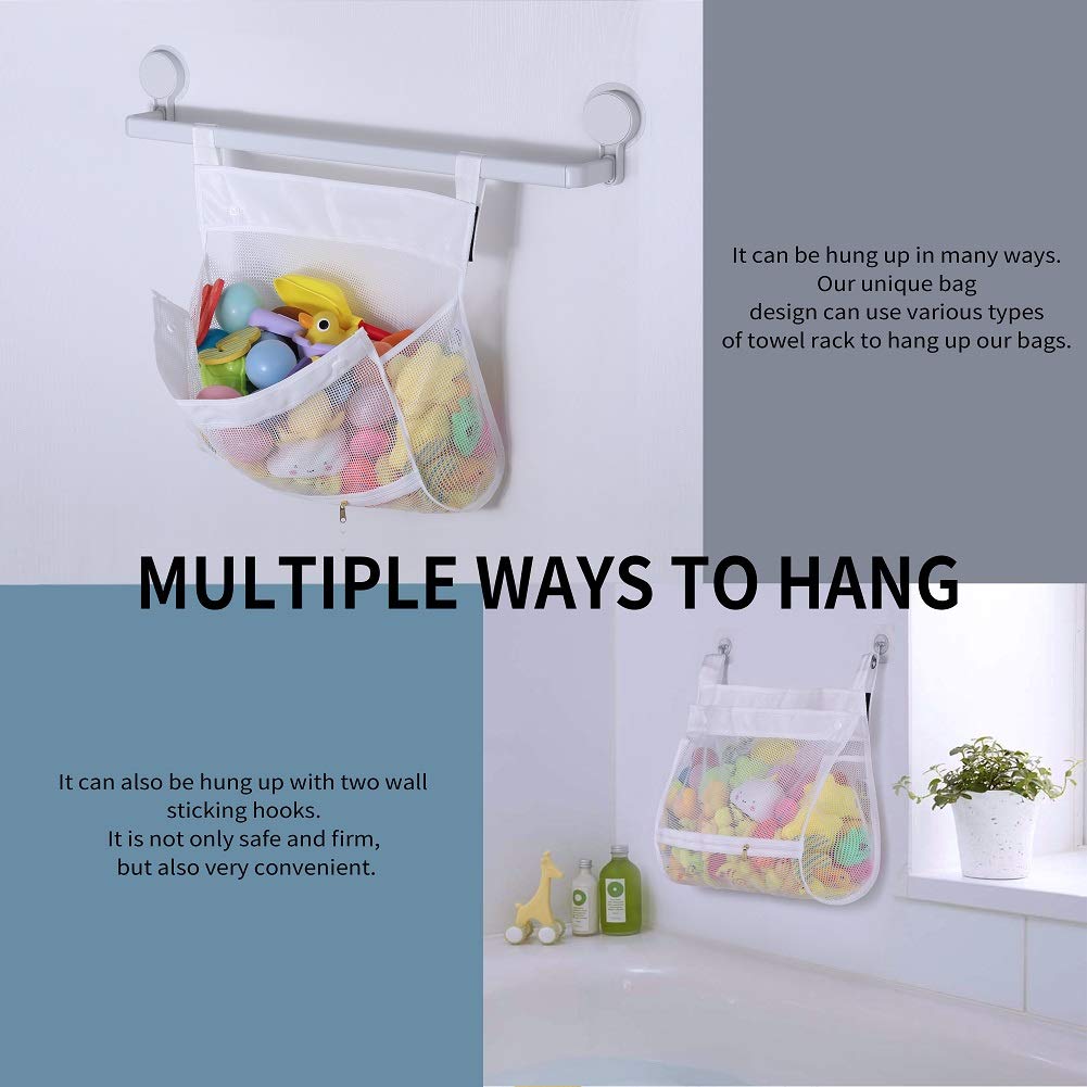Tenrai Clever Zippered Mesh Bath Toy Organizer, Multiple Ways to Hang, Extra Large Opening Bathroom Toy Holder, Large Capacity Multi Use Bathtub Toy Storage Bag,(1 Small, White)