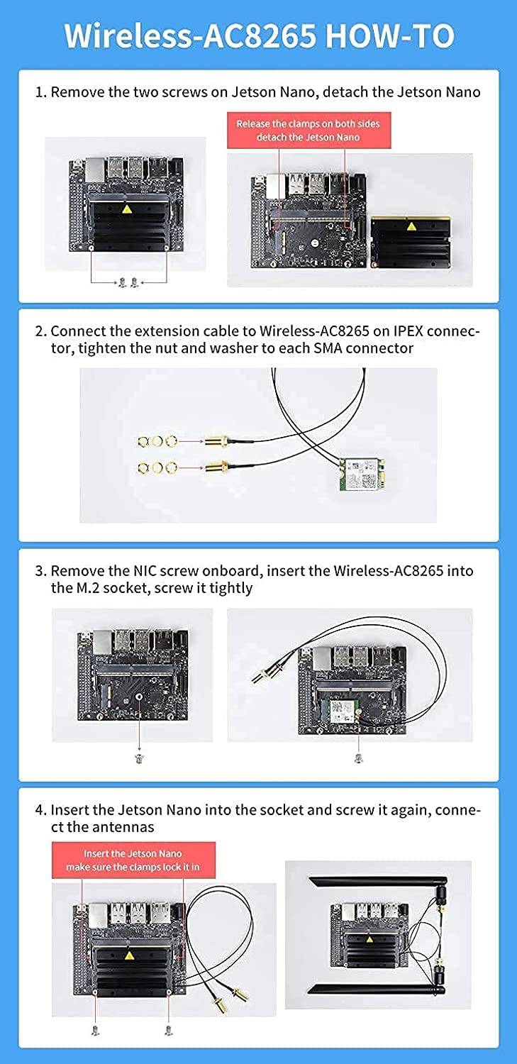Wireless-AC8265 Dual Mode AC8265 Wireless NIC Module for Jetson Nano Developer Kit M.2 NGFF WiFi Card Support 2.4GHz / 5GHz 300Mbps / 867Mbps Dual Band WiFi and Bluetooth 4.2