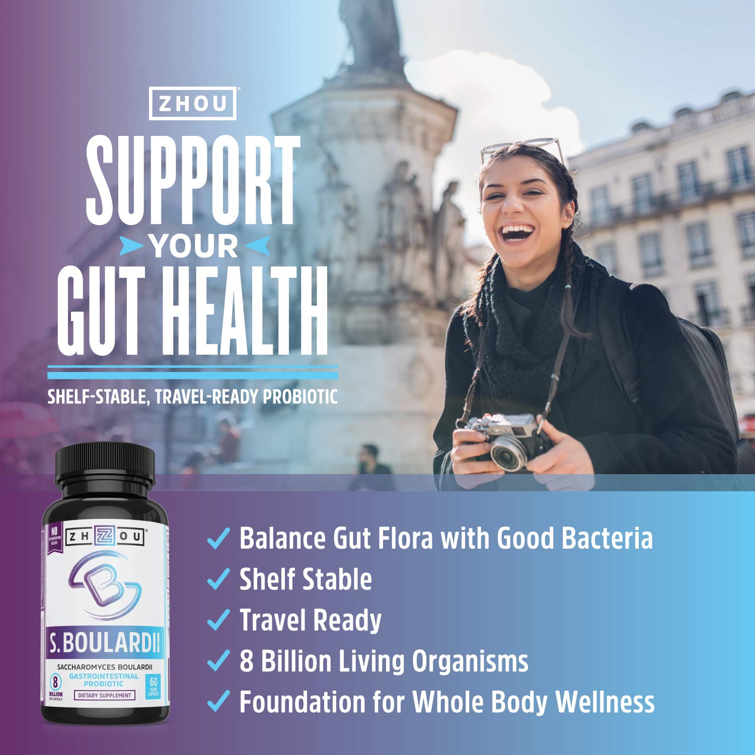 Zhou S. Boulardii Probiotic 440 mg | Mens & Womens Probiotics | Shelf Stable Immune Support | 60 Veggie Caps