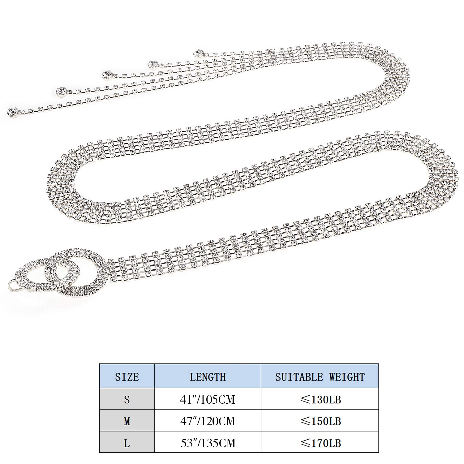 Suyi Silver Crystal Waist Chain for Women Rhinestone Chian Belts O-Ring Chain Gift Silver 120CM