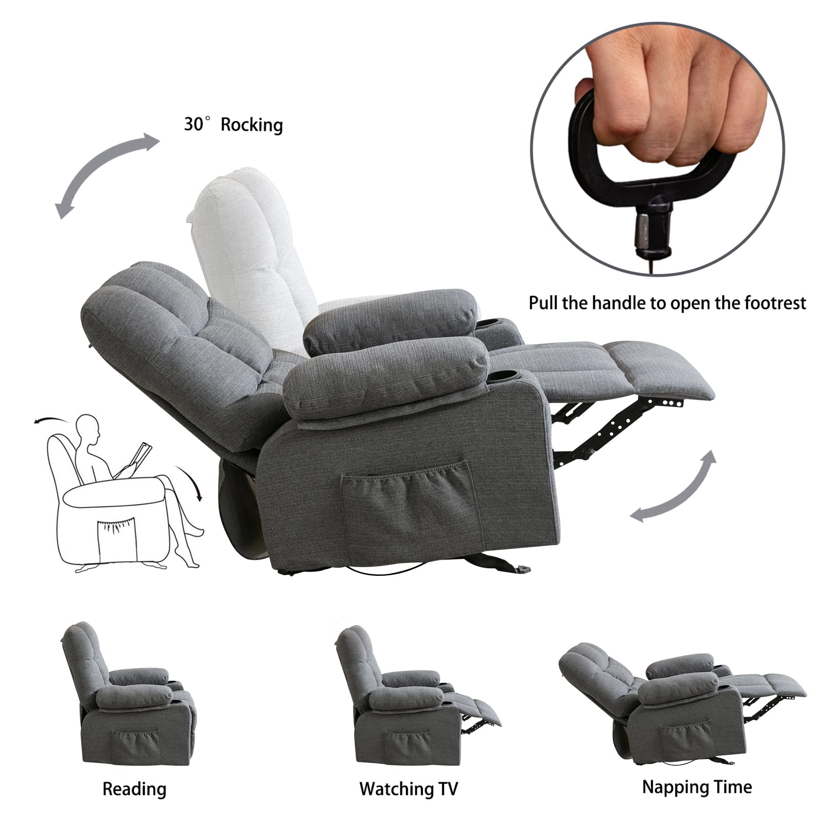VON RACER Recliner Chair Rocking Chairs for Adults Oversized with 2 Cup Holders, USB Charge Port Soft Features a Manual Massage and Heat