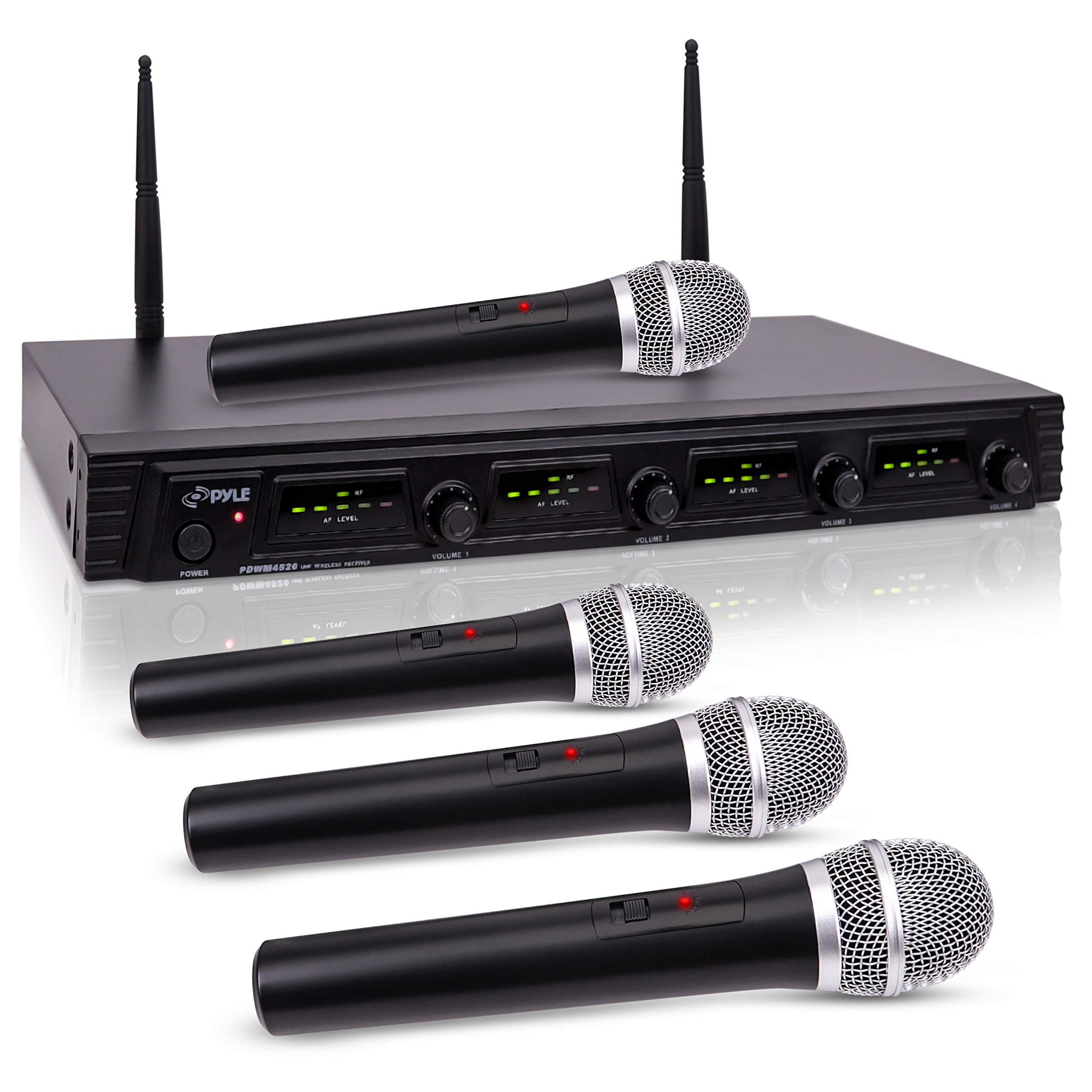 Pyle 4 Channel Wireless Microphone System-Portable UHF Audio Set with XLR Jack-4 Handheld Dynamic Mic, Receiver, Dual Antenna, Power Cable Adapter-for Karaoke, PA, DJ Party Pro PDWM4520