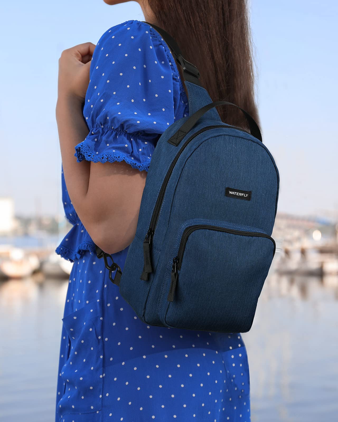WATERFLY Women's Crossbody Mini Bags: Small Sling backpack with Zipper Pocket Adjustable Strap (Blue)
