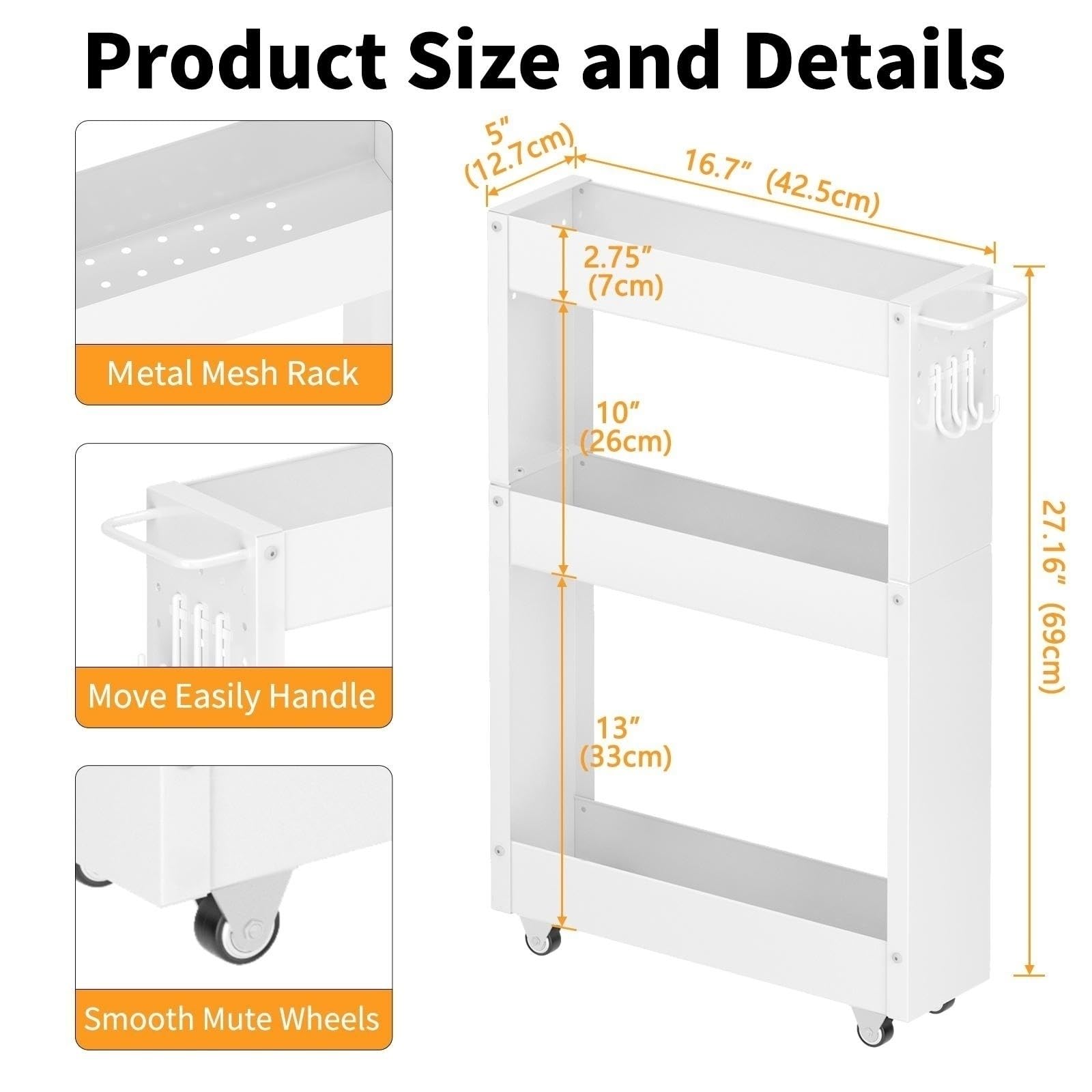 XYZLVSI Slim Storage Cart, 5 in Width, 3-Tier White Rolling Cart with Handle for Kitchen Bathroom Laundry Narrow Places
