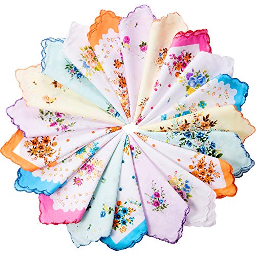 Zhanmai 20 Pieces Handkerchiefs for Women Vintage Floral Soft Cotton Blend Colorful Embroidered Ladies Handkerchief Tea Party Favors