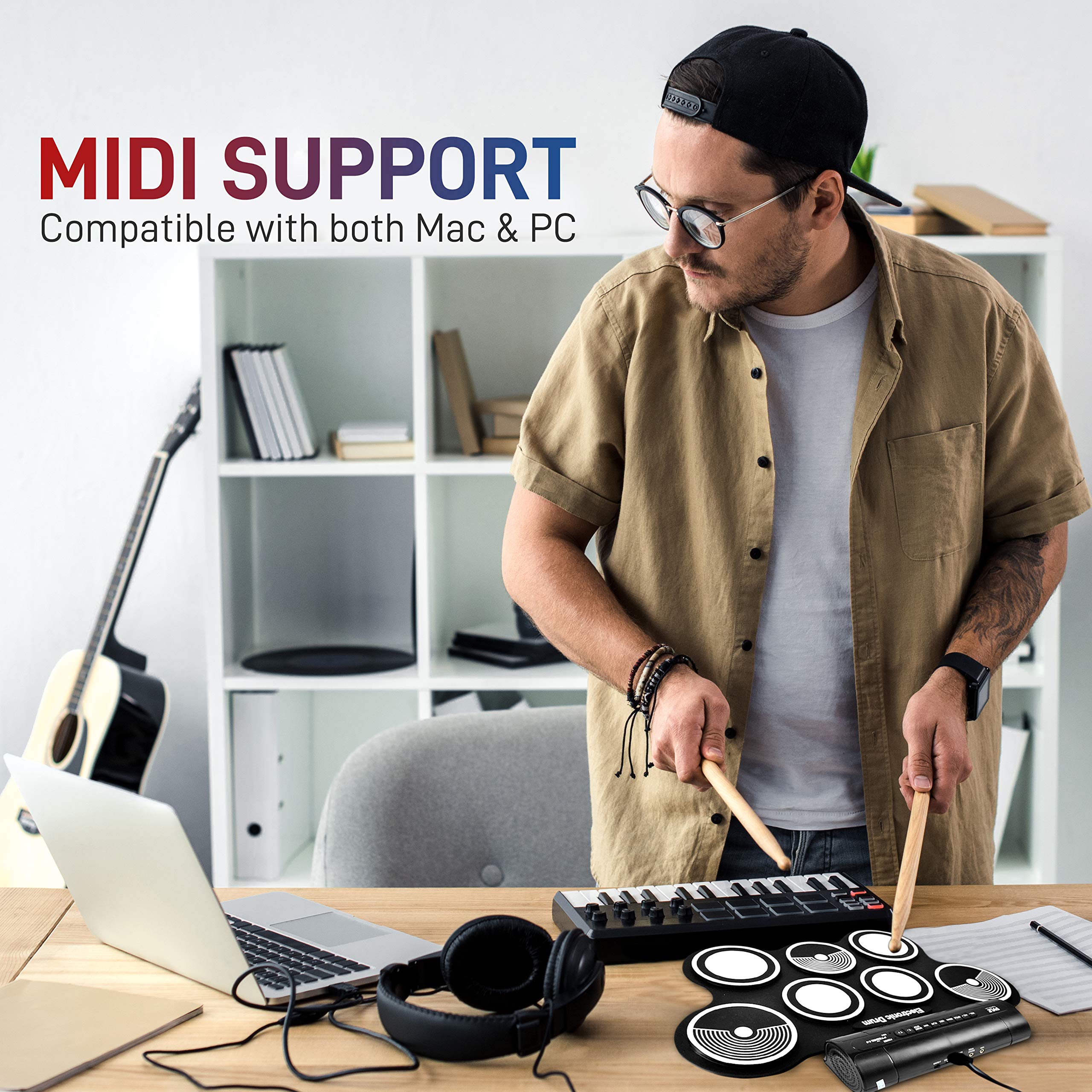 Pyle Electronic Roll Up MIDI Drum Kit W/ 9 Electric Drum Pads, Foot Pedals, Drumsticks, & Power Supply | Quick Setup | Tabletop Roll Up Drum Kit | Pre-Loaded W/ Drum Electric Kits & Songs (PTEDRL14)