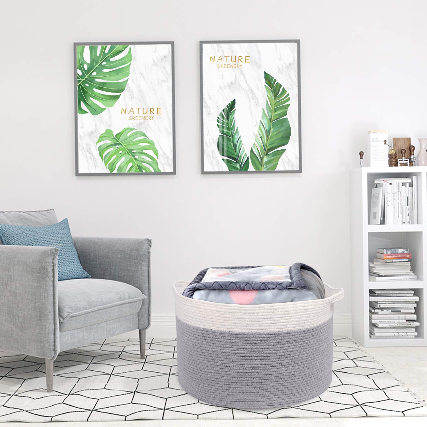 Zilink Large Blanket Basket for Living Room 21.7" x 13.8" Rope Woven Baskets for Storage Decorative Toy Basket for Organizing with Carry Handles, Grey White