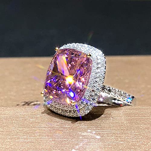 ZJQZBSS 925C sterling silver full diamond engagement ring square micro-set pink diamond ring cubic zirconia ring sweet proposal ring (8)