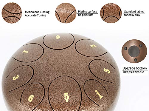 Steel Tongue Drum Tank Drum - Standard C Key 8 Notes 8 inches Pan Drum - Percussion Instrument with Drum Mallets -Handpan Drum with Bag, Music Book, Finger Picks for Camping, Meditation, or Yoga