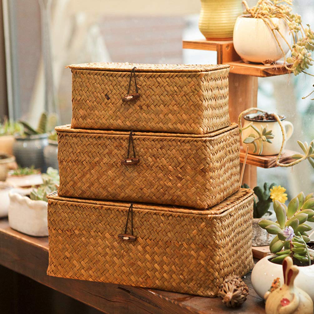 VALICLUD Large Wicker Baskets with Lids Woven Seagrass Storage Basket Woven Storage Bins Basket with Lid Kids Storage Organizer for Toys Makeup Woven Trash Can Snack Wooden Fruit Dish Child