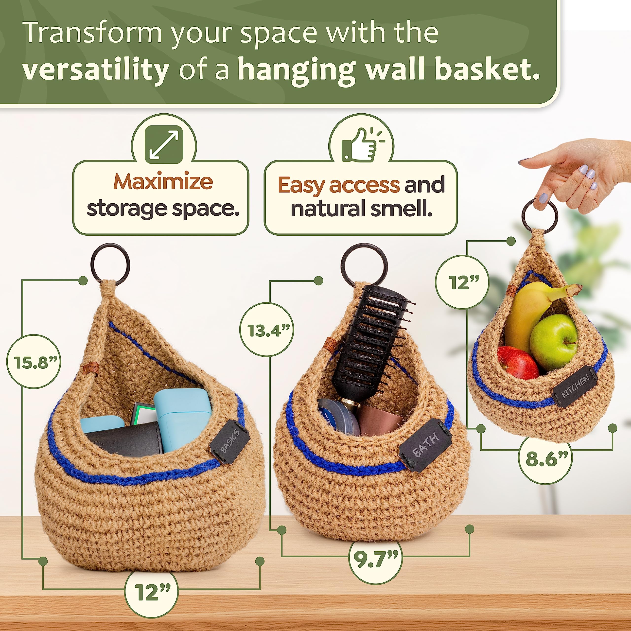 Wall Hanging Basket Set of 3 β 100% Natural Jute Hanging Baskets for Organizing β Handmade Hanging Fruit Basket and Hanging Wall Basket w/Extra Strong Hanging Hooks β Home & Kitchen Storage by TheDOM