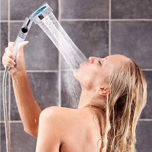 TESECU Turbo Shower Head, Modern Style, 5 Settings, 6 L/min Flow, 360 Rotation, Tool-Free Installation, ABS Material, Stainless Steel Panel, 79" Shower Hose, Bath Ball, Shampoo Comb