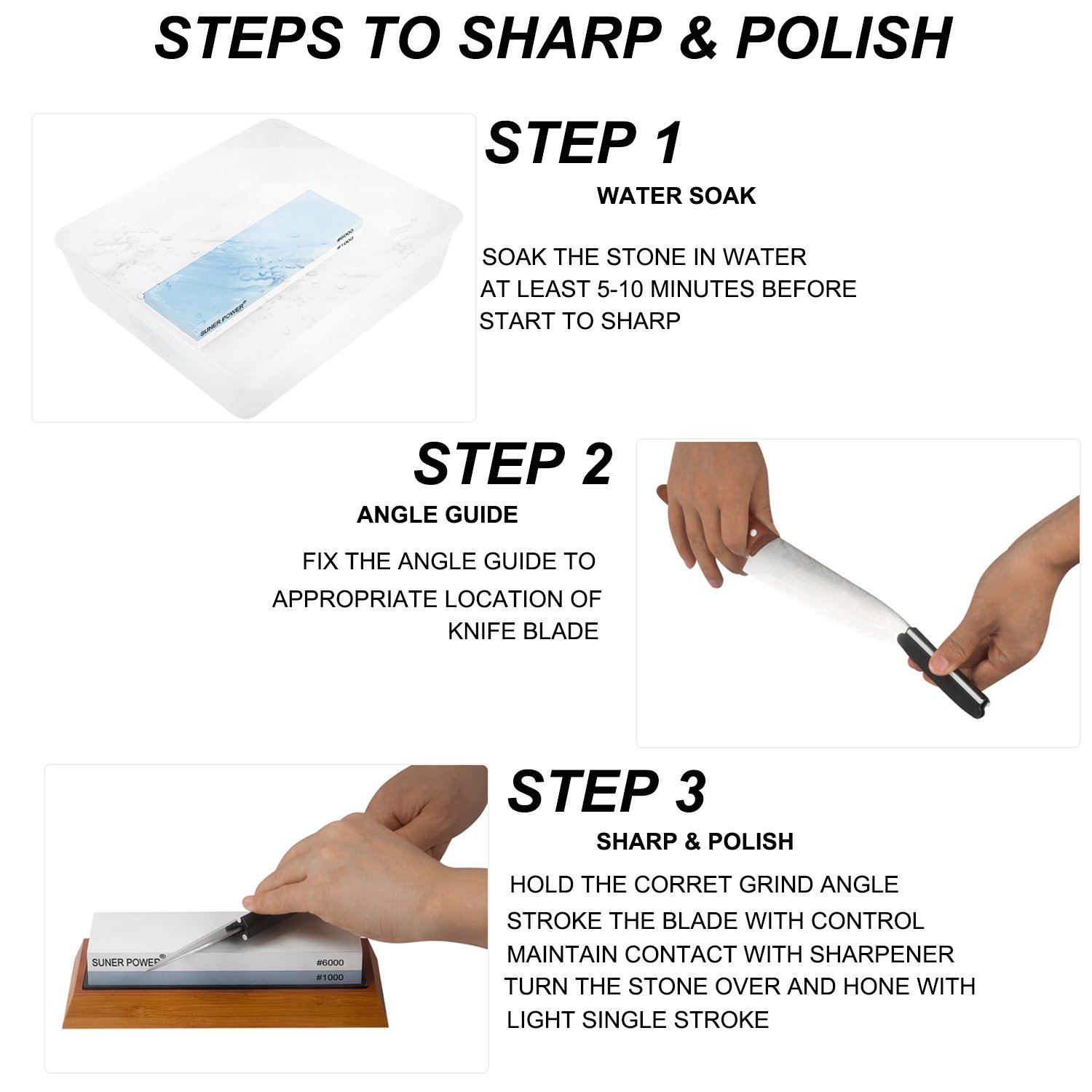 SUNER POWER Professional Dual 1000/6000 Japanese Grit Whetstone-Knife Sharpening Stone Kit Included Non-Slip Bamboo Base & Angle Guide-Perfe, large, White-Blue