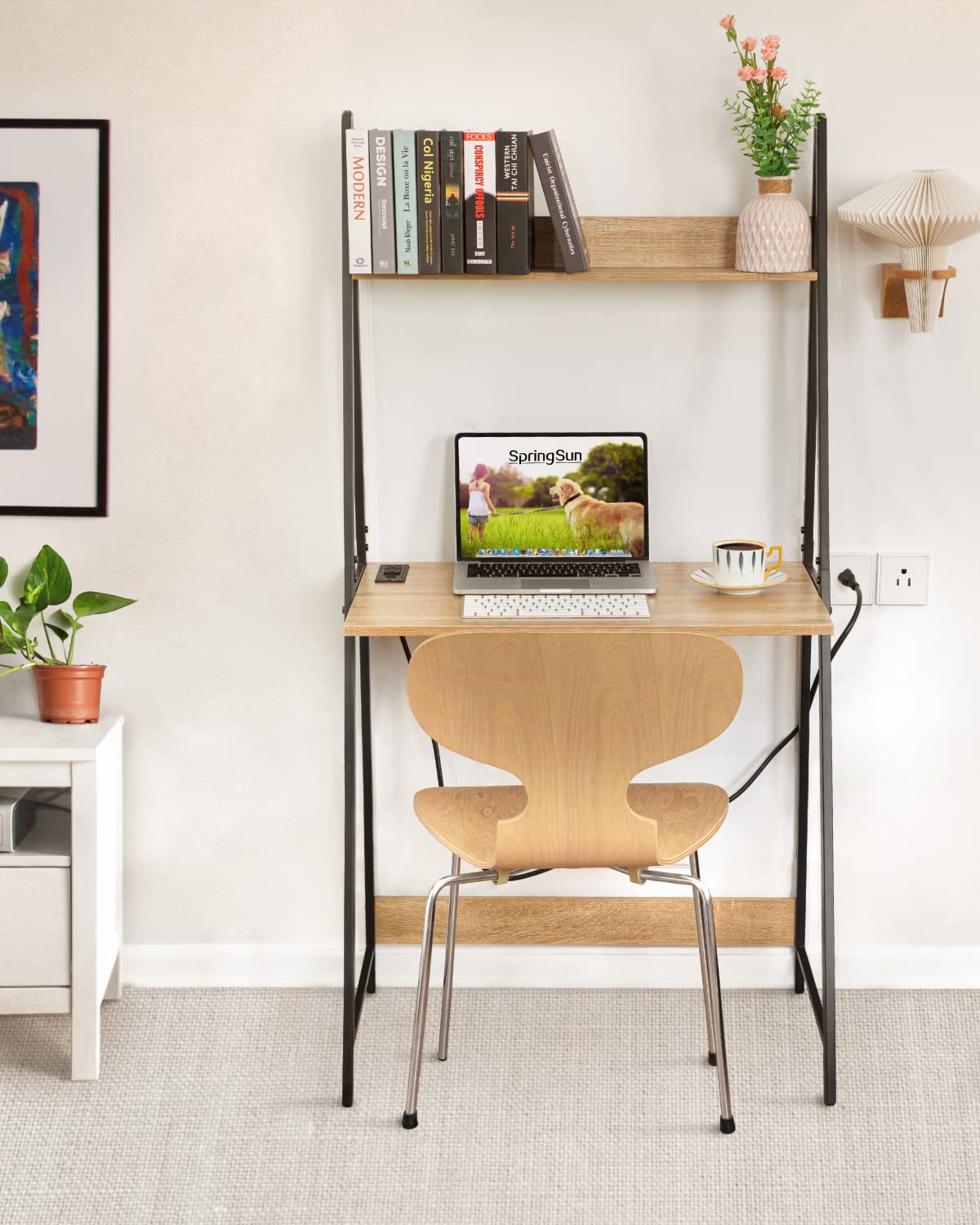 SpringSun Computer Desk with Power Outlet 2-Tier Ladder Computer Table with Storage Bookshelf, USB Charging Ports Modern Writting Table for Office and Home