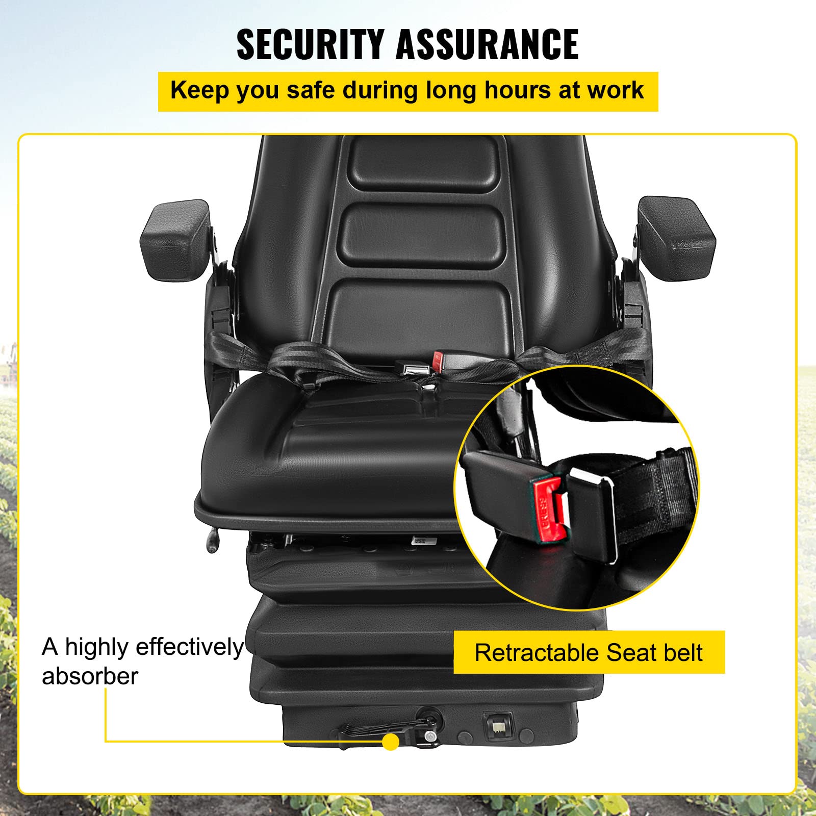 VEVOR Universal Tractor Suspension Seat, 35-170° Backrest Angle Adjustable Air Ride Seat Replacement w/Seat Belt & Safety Switch, Compatible with Forklift/Van/Mower, Black Vinyl