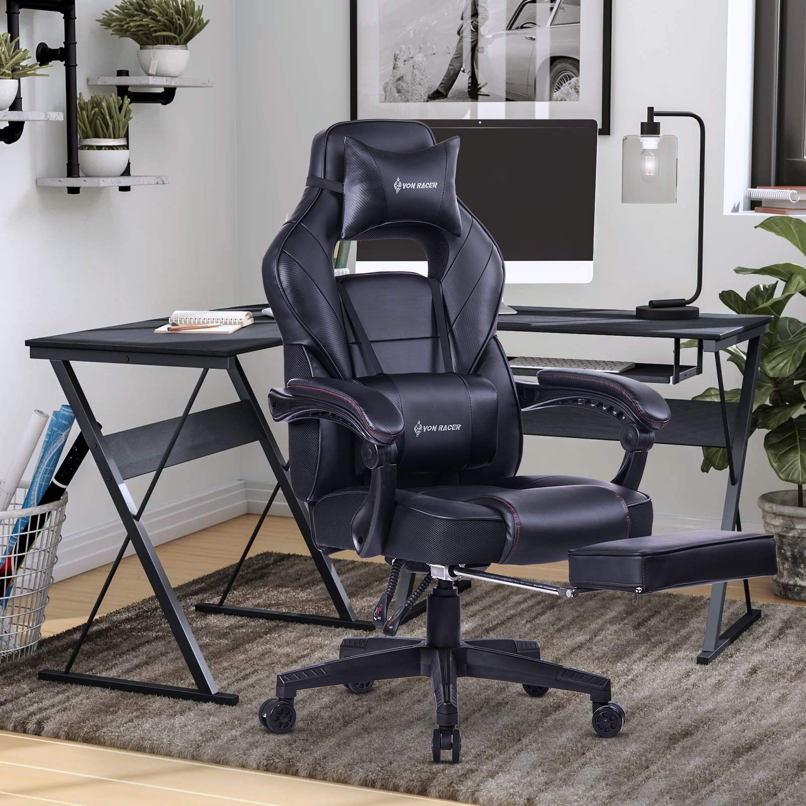 VON Racer Reclining Gaming Chair with Massager, Ergonomic High-Back Racing Computer Desk Office Chair Footrest Lumbar Cushion